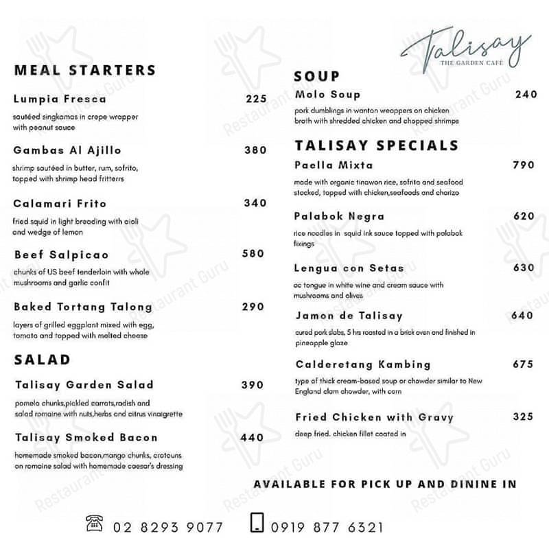 Menu at Talisay The Garden Cafe, Quezon City