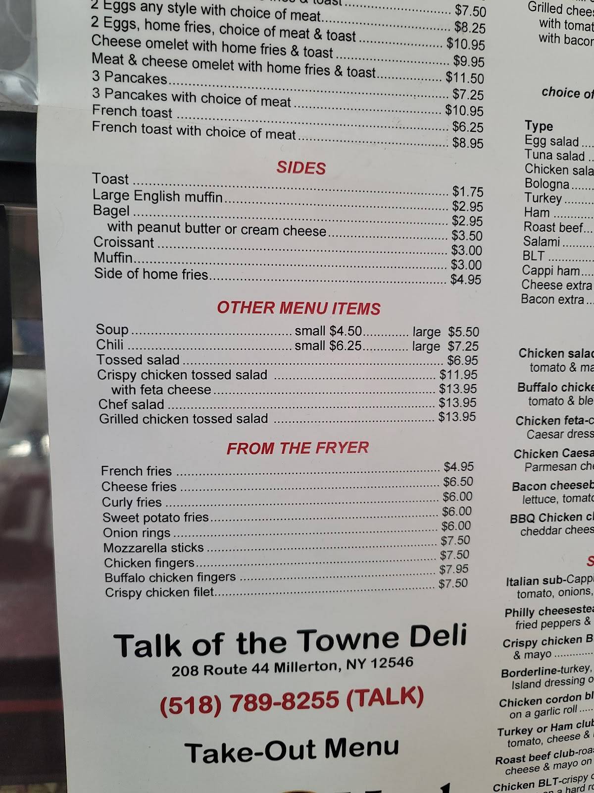 Menu at Talk of the Towne Deli cafe, Millerton