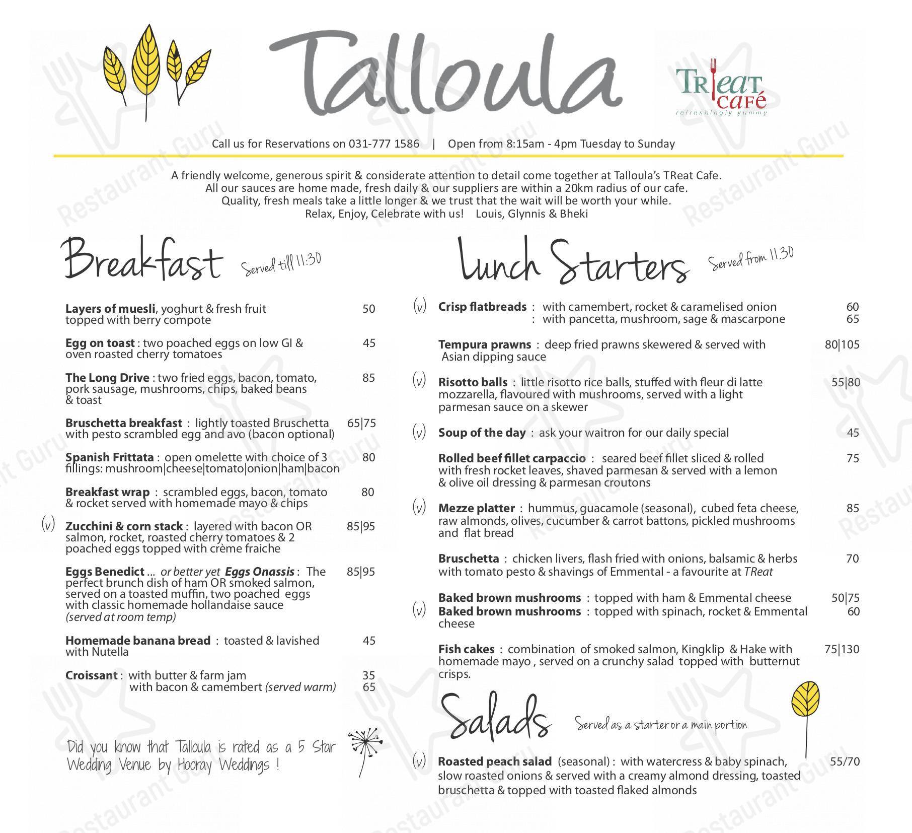 Menu at Talloula restaurant, Outer West Durban, 61