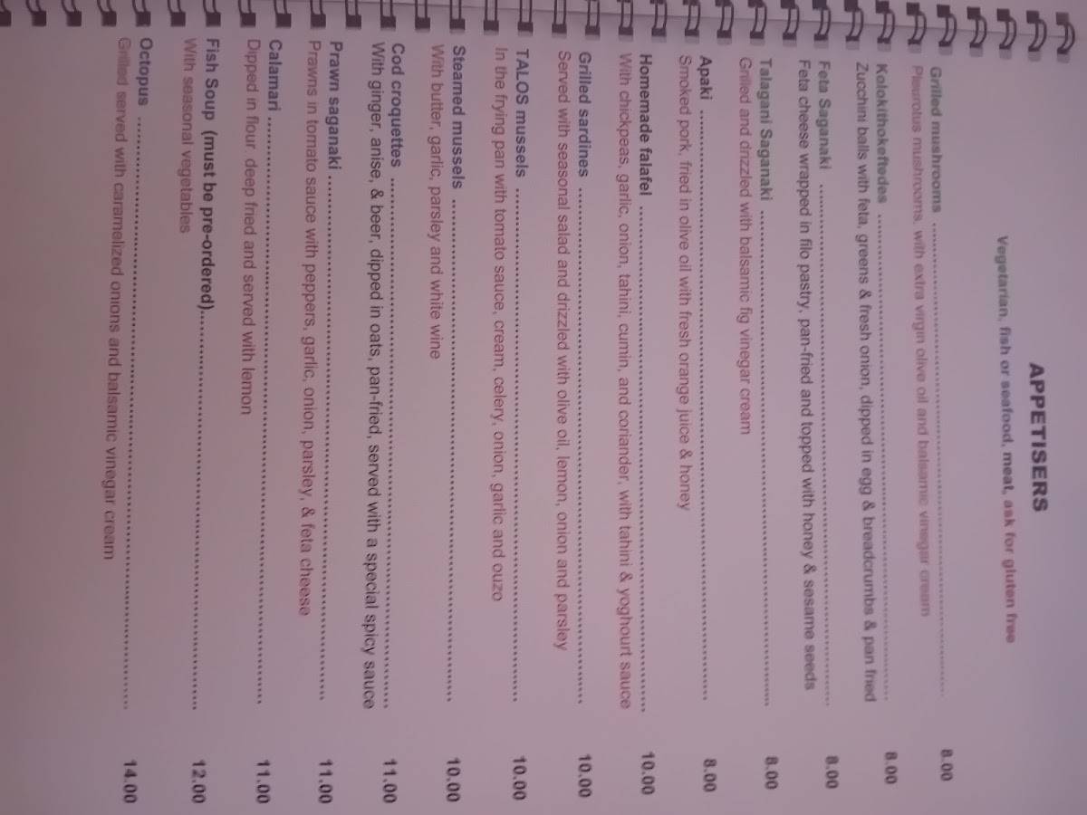 Menu at Talos Restaurant, Chania