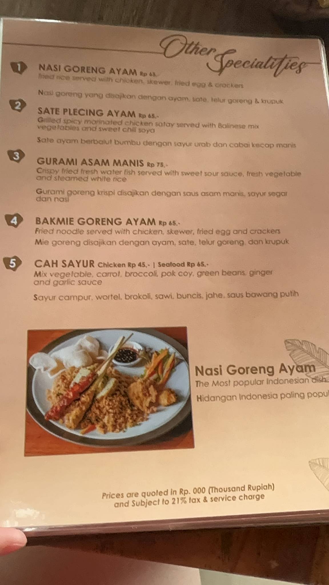 Menu at Taman Dedari restaurant, Ubud, Kedewatan.