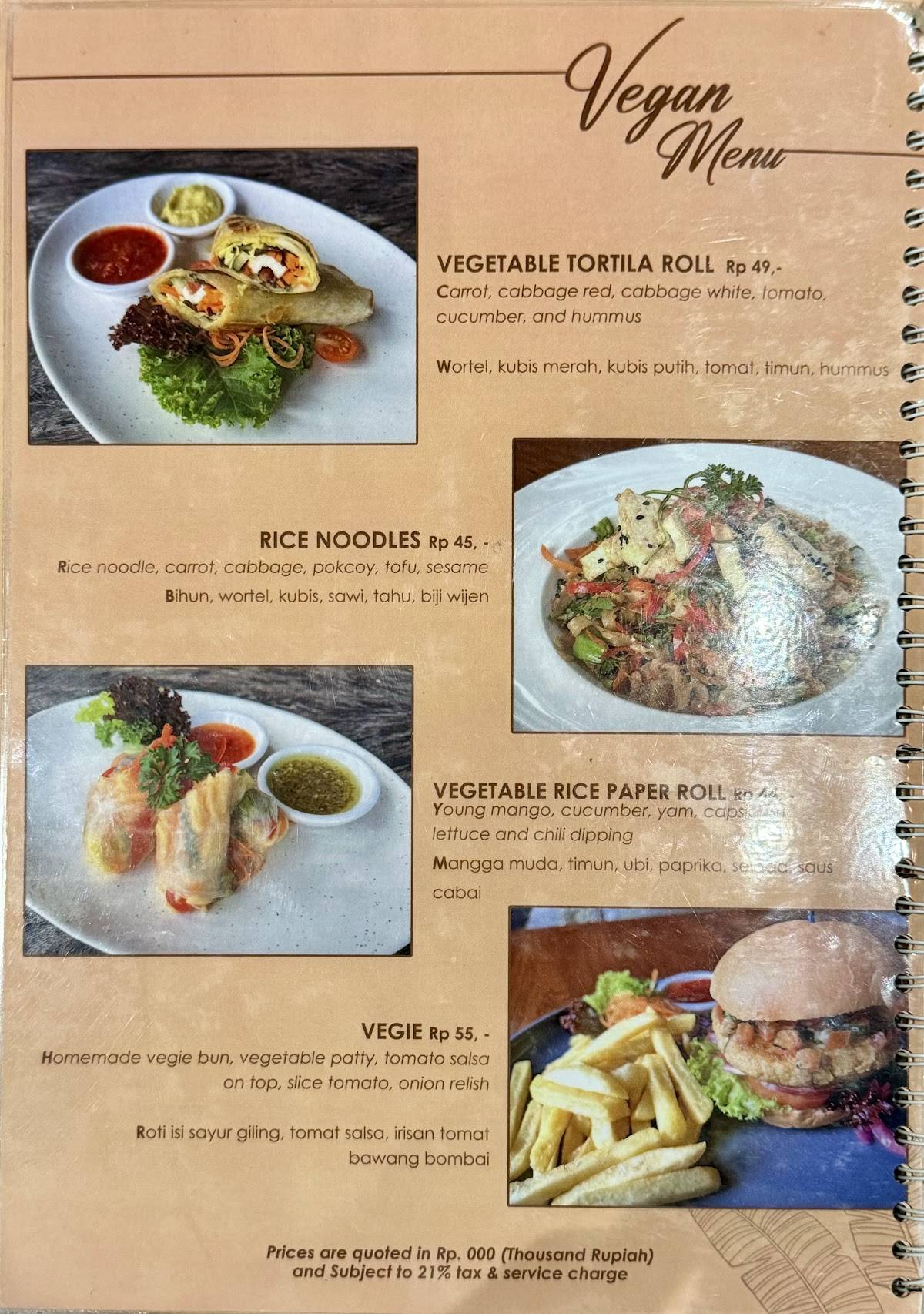 Menu at Taman Dedari restaurant, Ubud, Kedewatan.