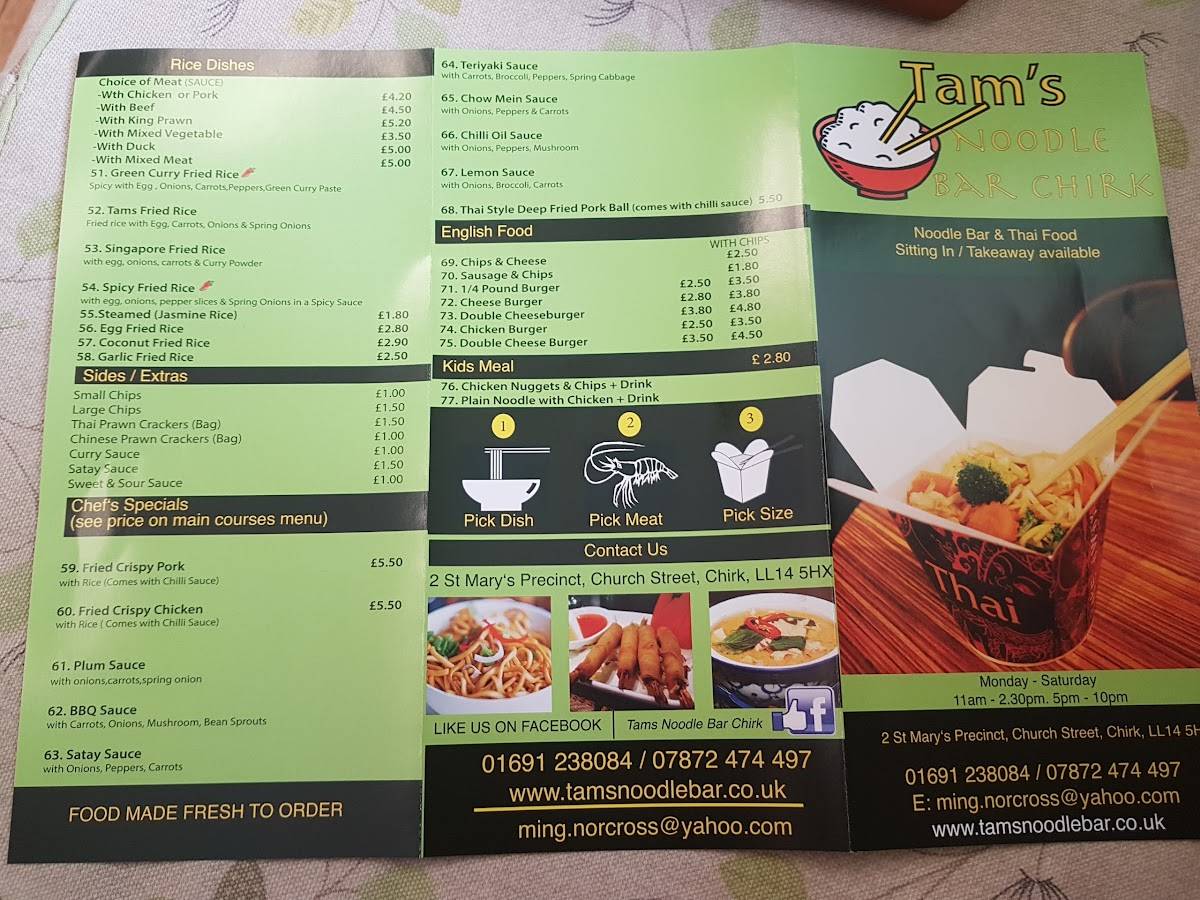 Menu at Tams noodle bar chirk, Chirk