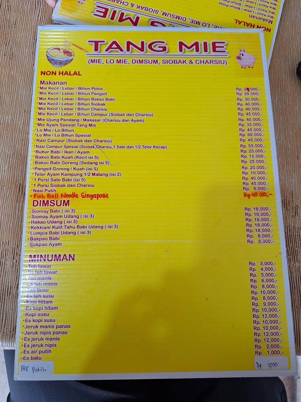 Menu at Tang Mie Palembang restaurant, Palembang
