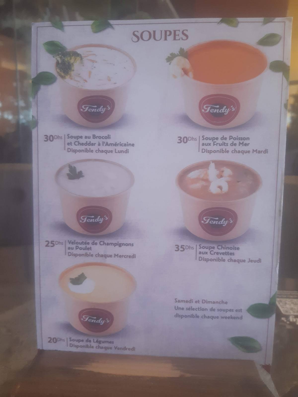 Carta del restaurante Tendy’s, Tánger