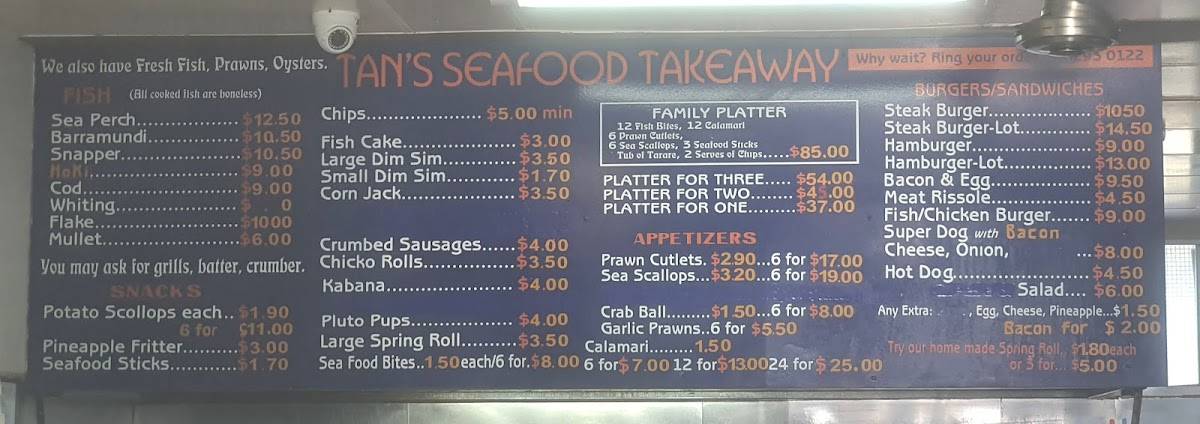 Menu at Tan's Seafood Take-Away fast food, Deception Bay