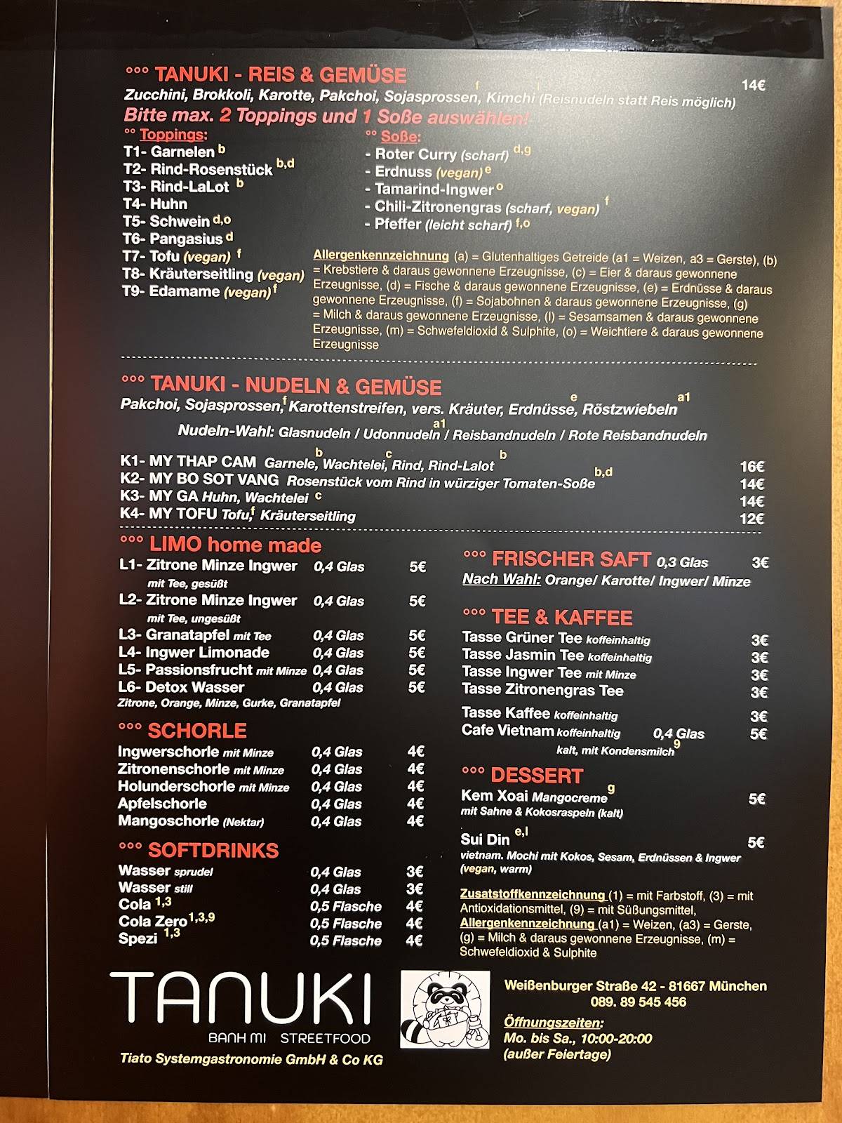 Speisekarte von Tanuki Banh Mi - Streetfood restaurant, München