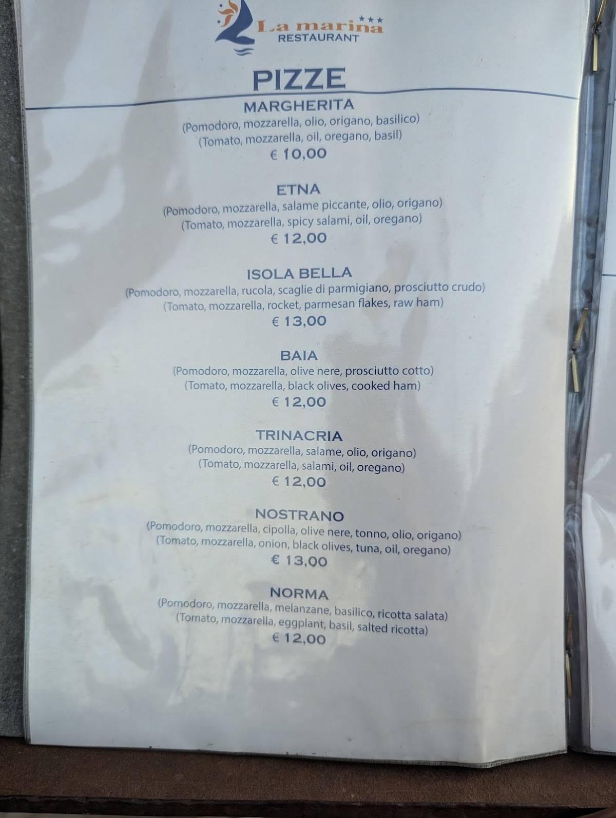 Menu at La Marina restaurant, Mazzarò, Via Nazionale