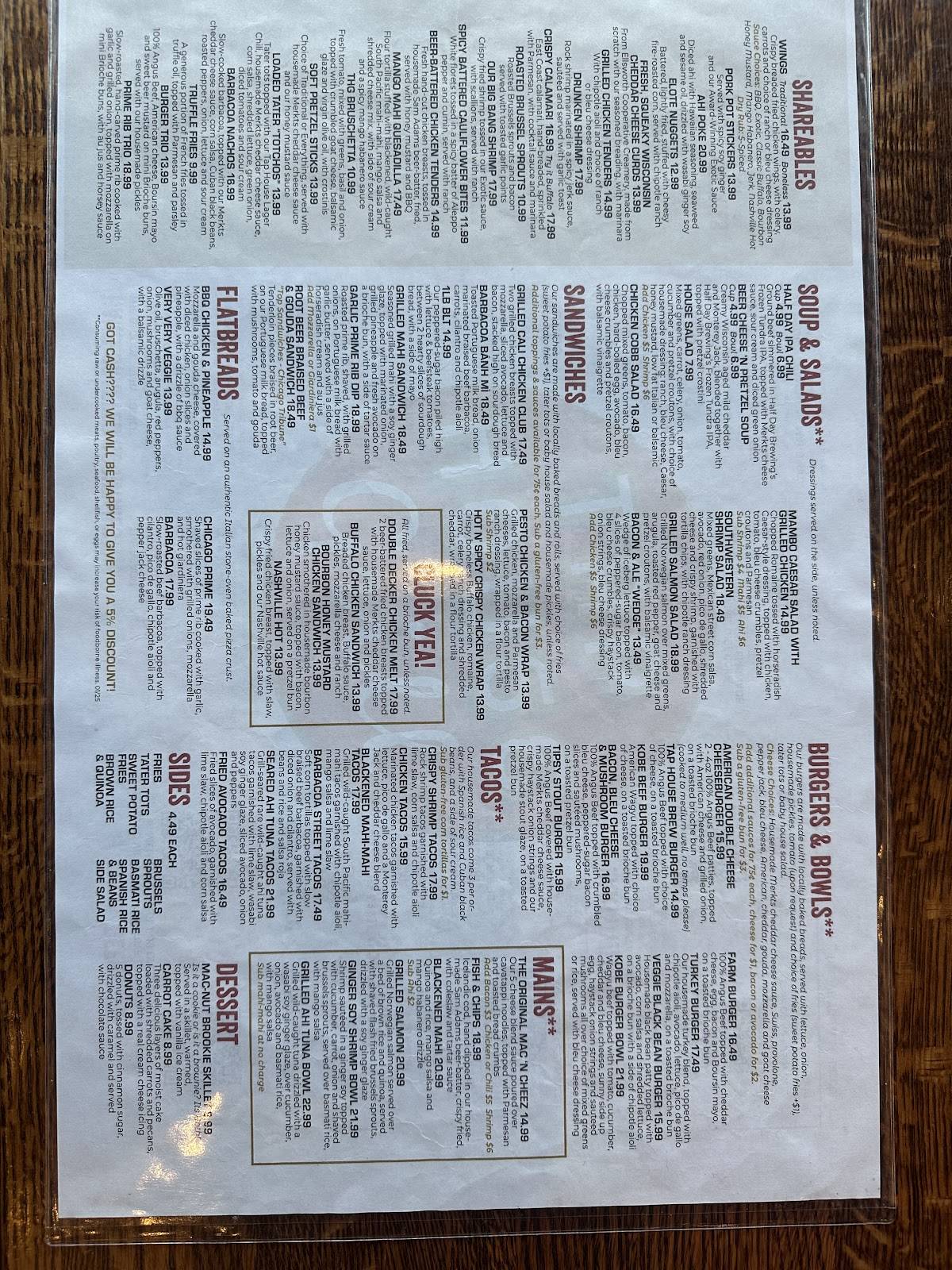 Carta del pub y bar Tap House Grill, Algonquin
