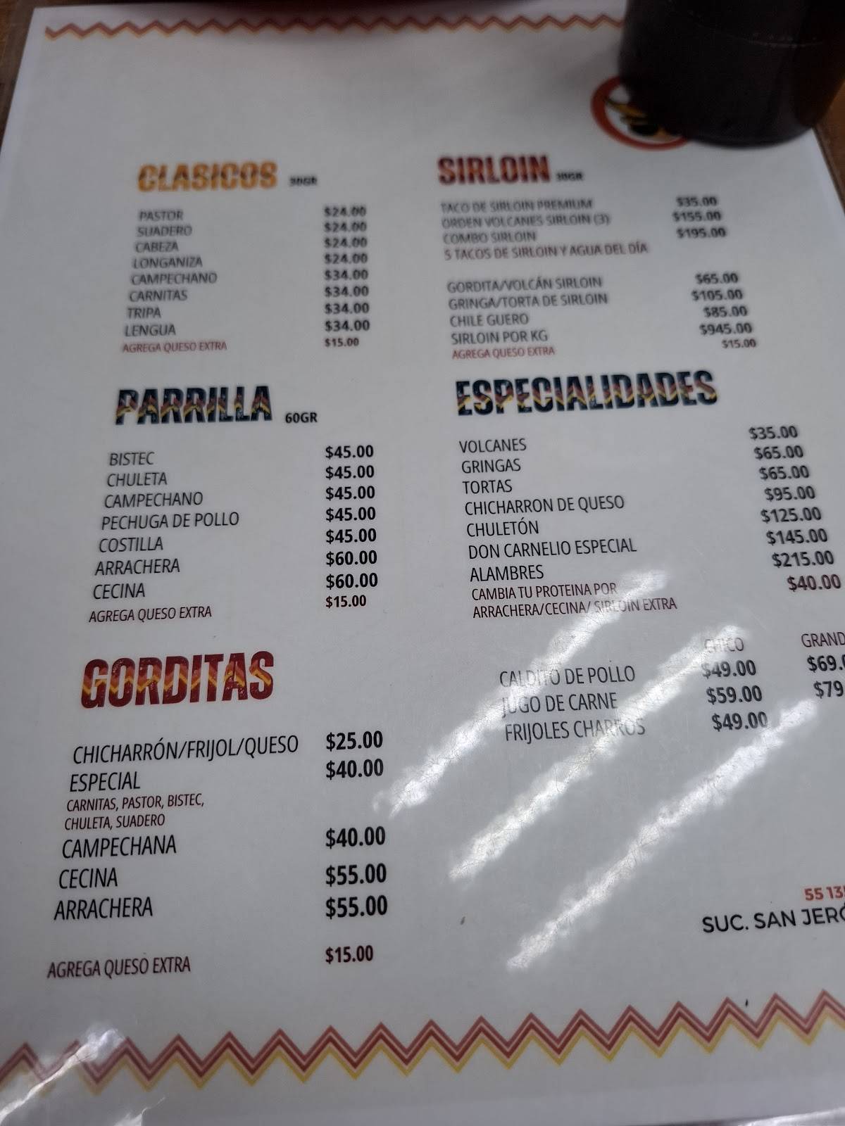 Carta del restaurante Taquería Don Carnelio San Jerónimo, Ciudad del México