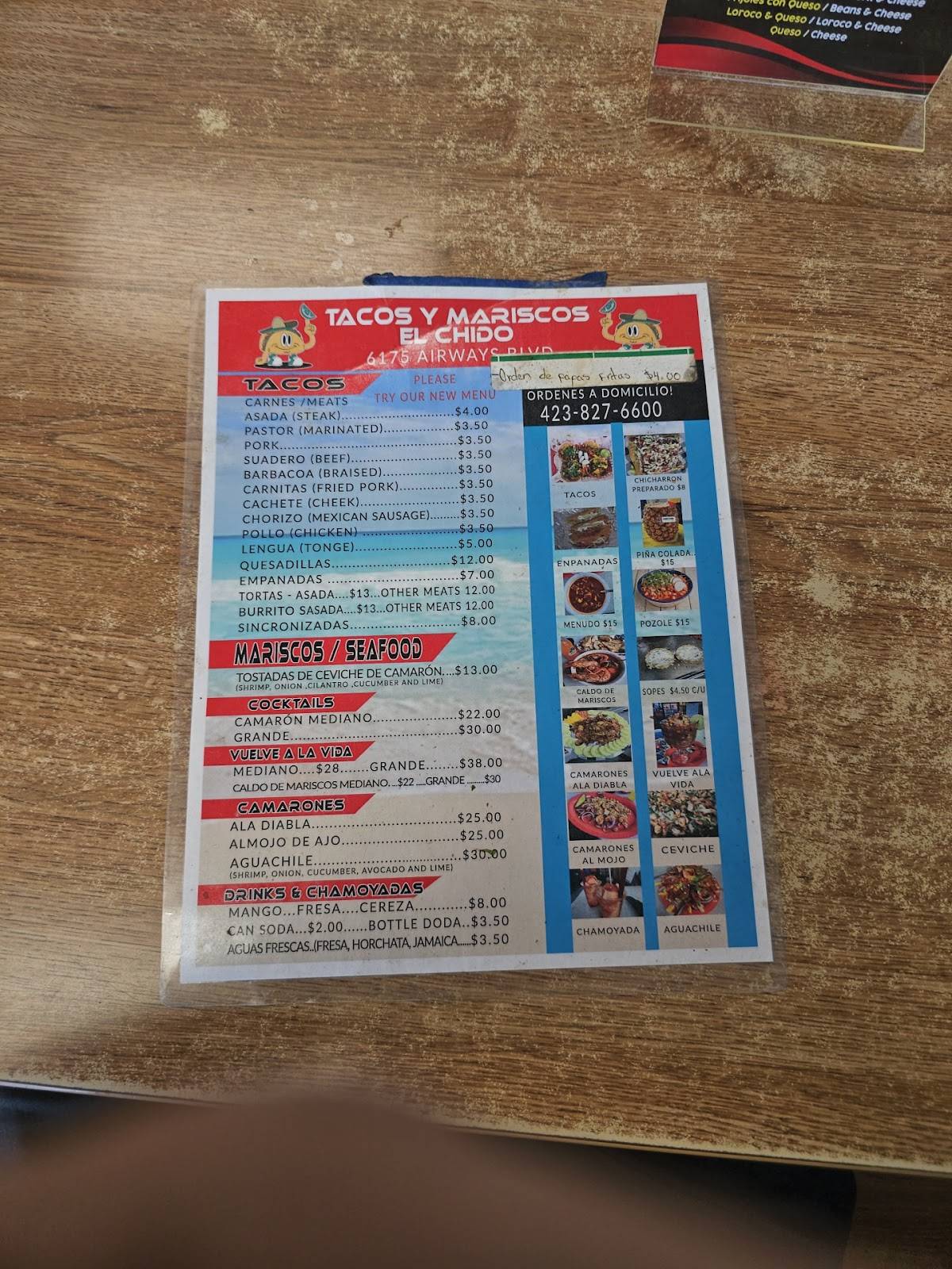 Menu at Taqueria El Chido restaurant, Chattanooga