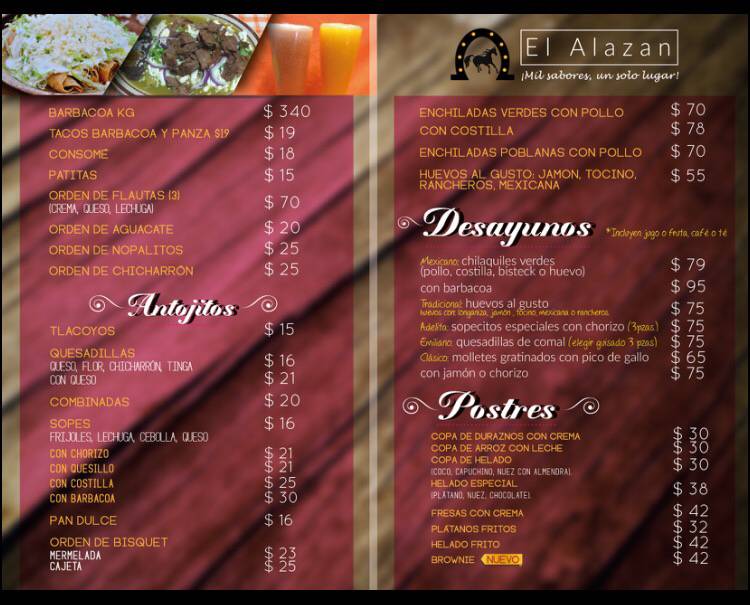 Carta del restaurante El Alazán, Ciudad del México, Mixcoatl 54