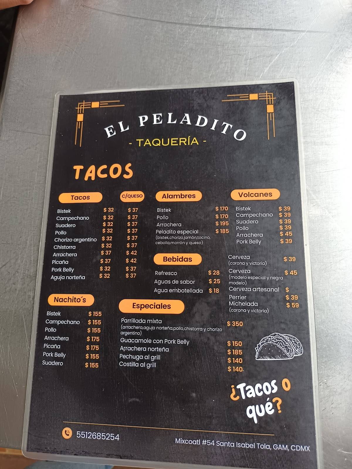 Carta del restaurante El Alazán, Ciudad del México, Mixcoatl 54