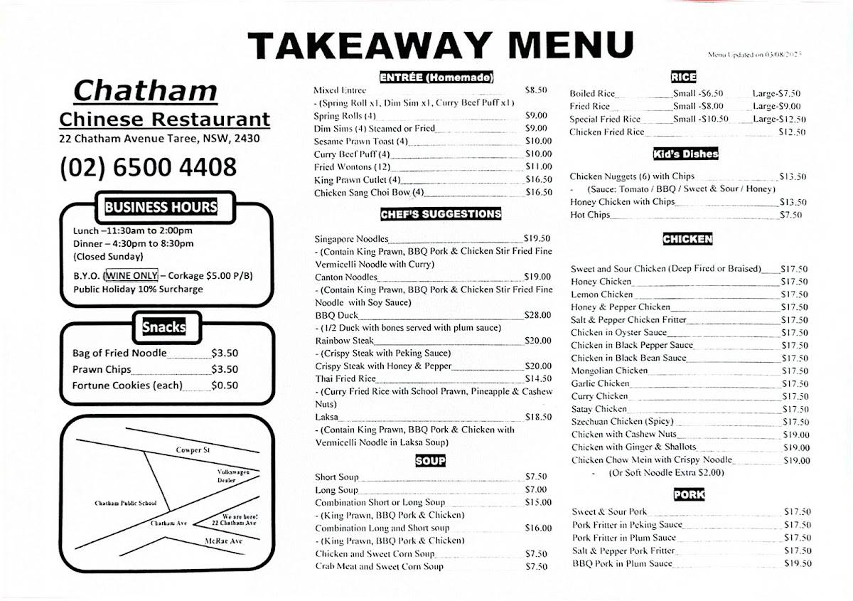 Menu at Chatham Chinese Restaurant, Taree