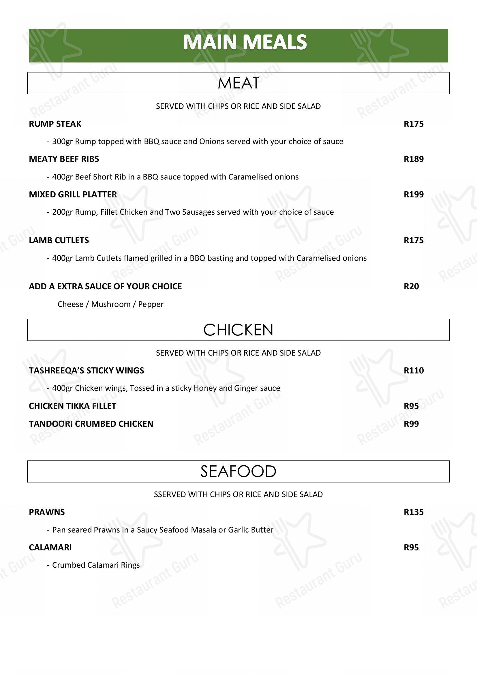 Menu at Tashreeqa's Restaurant, Cape Town