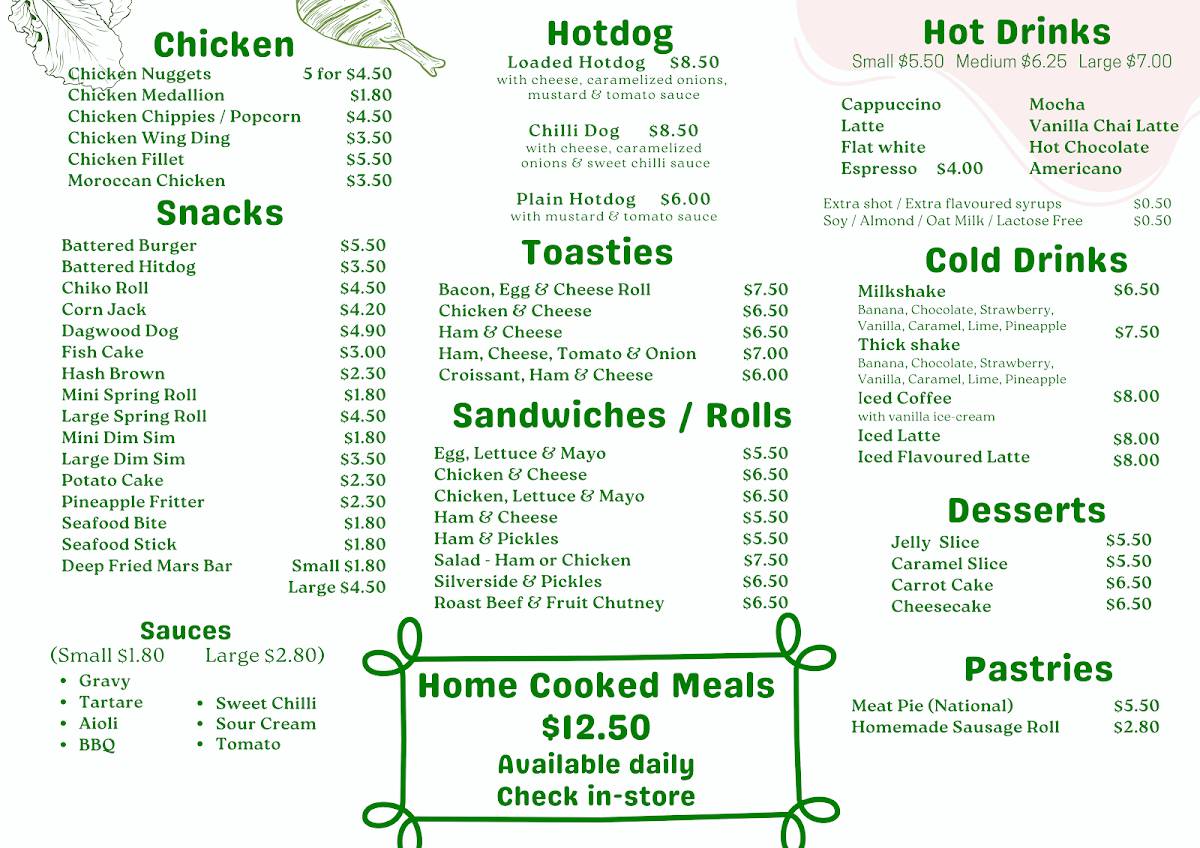 Menu at Tasman Takeout restaurant, Devonport