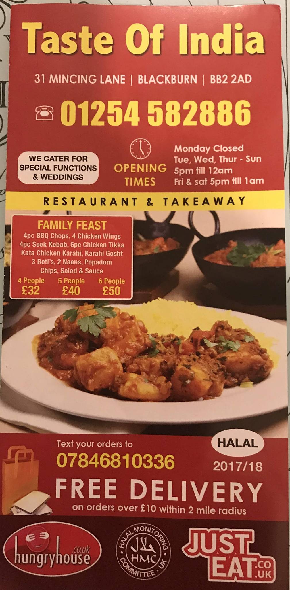 Carta de Taste of india restaurant, Blackburn, 31 Mincing Ln