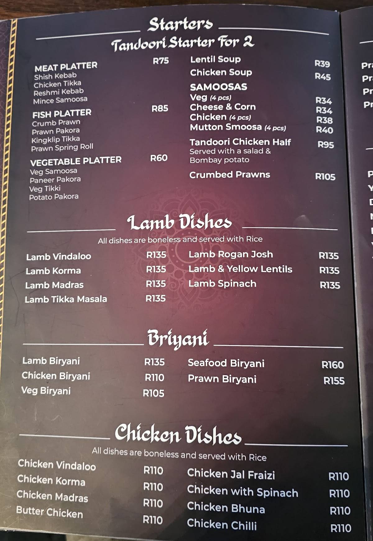 Menu at Taste of Mumbai restaurant, Kempton Park, Emperors Palace, Jones Rd
