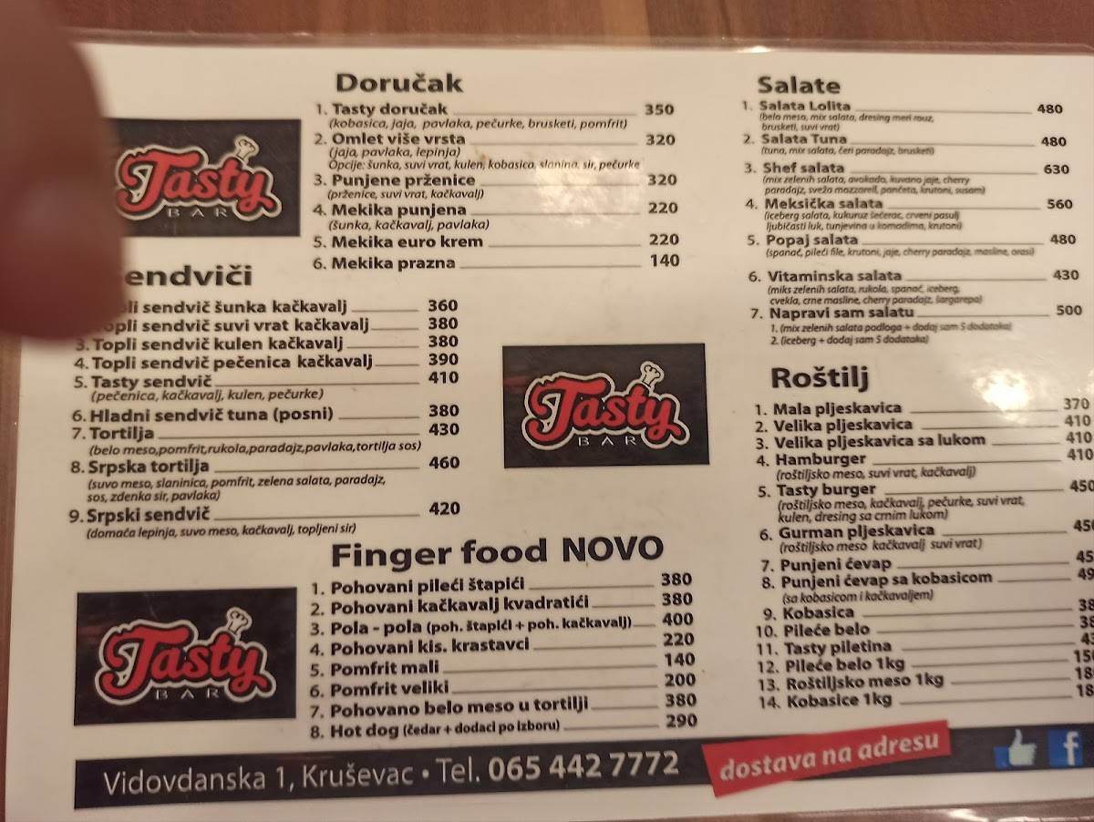 Menu at Tasty bar, Kruševac