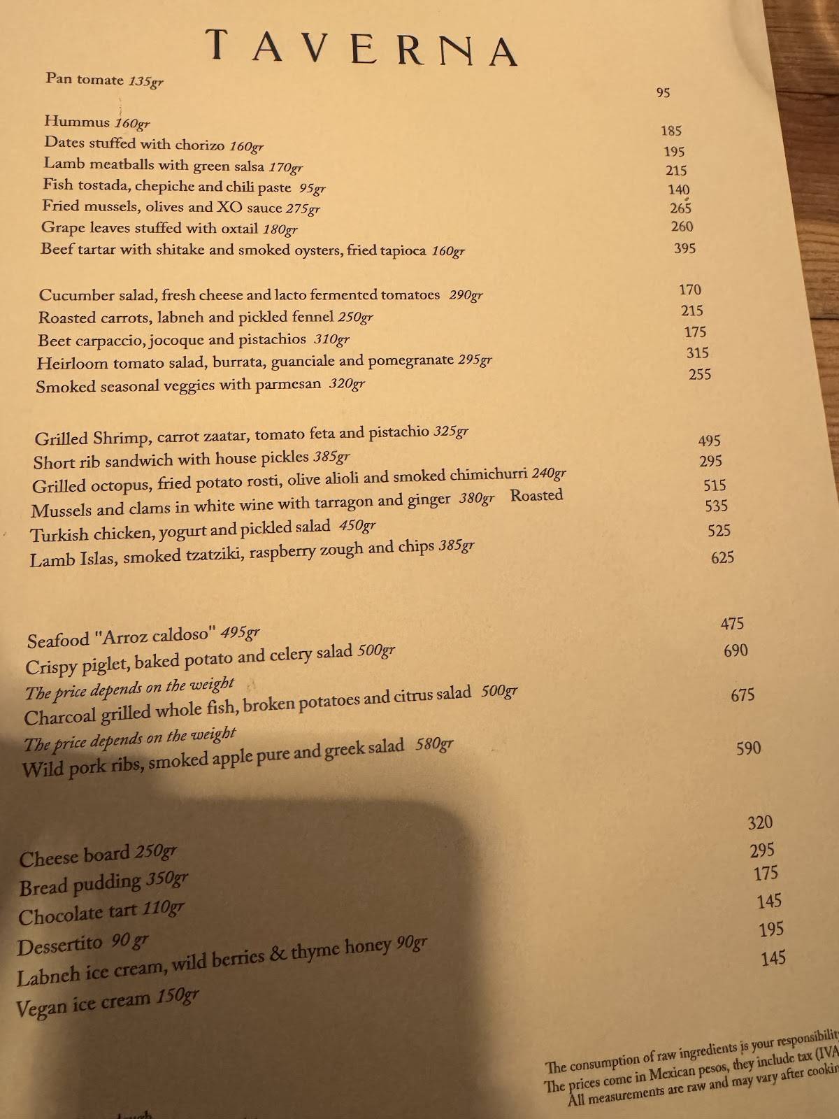 Menu at Taverna pub & bar, Mexico City