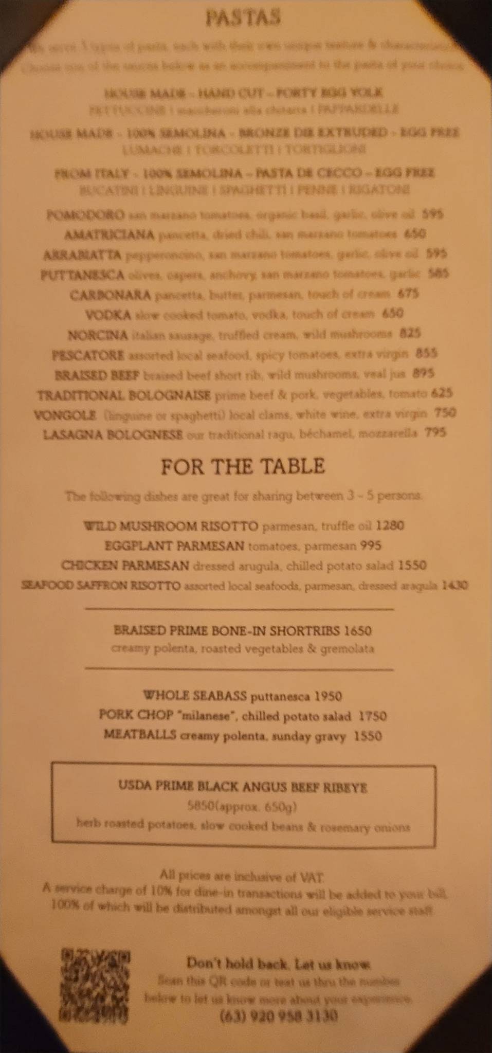 Menu at Tavolata restaurant, Cebu City, ayala center