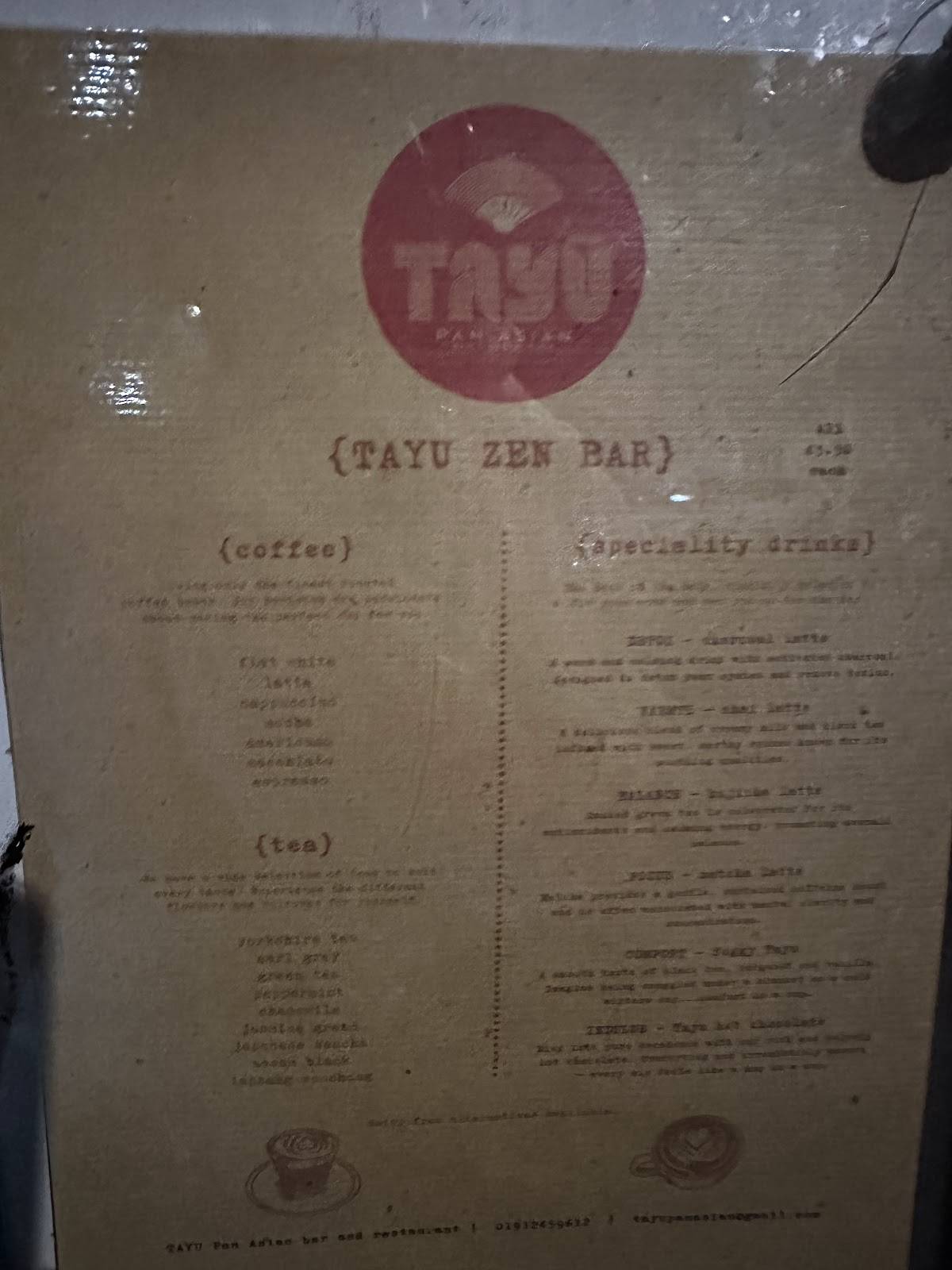 Menu at Tayu Pan Asian restaurant, Gateshead