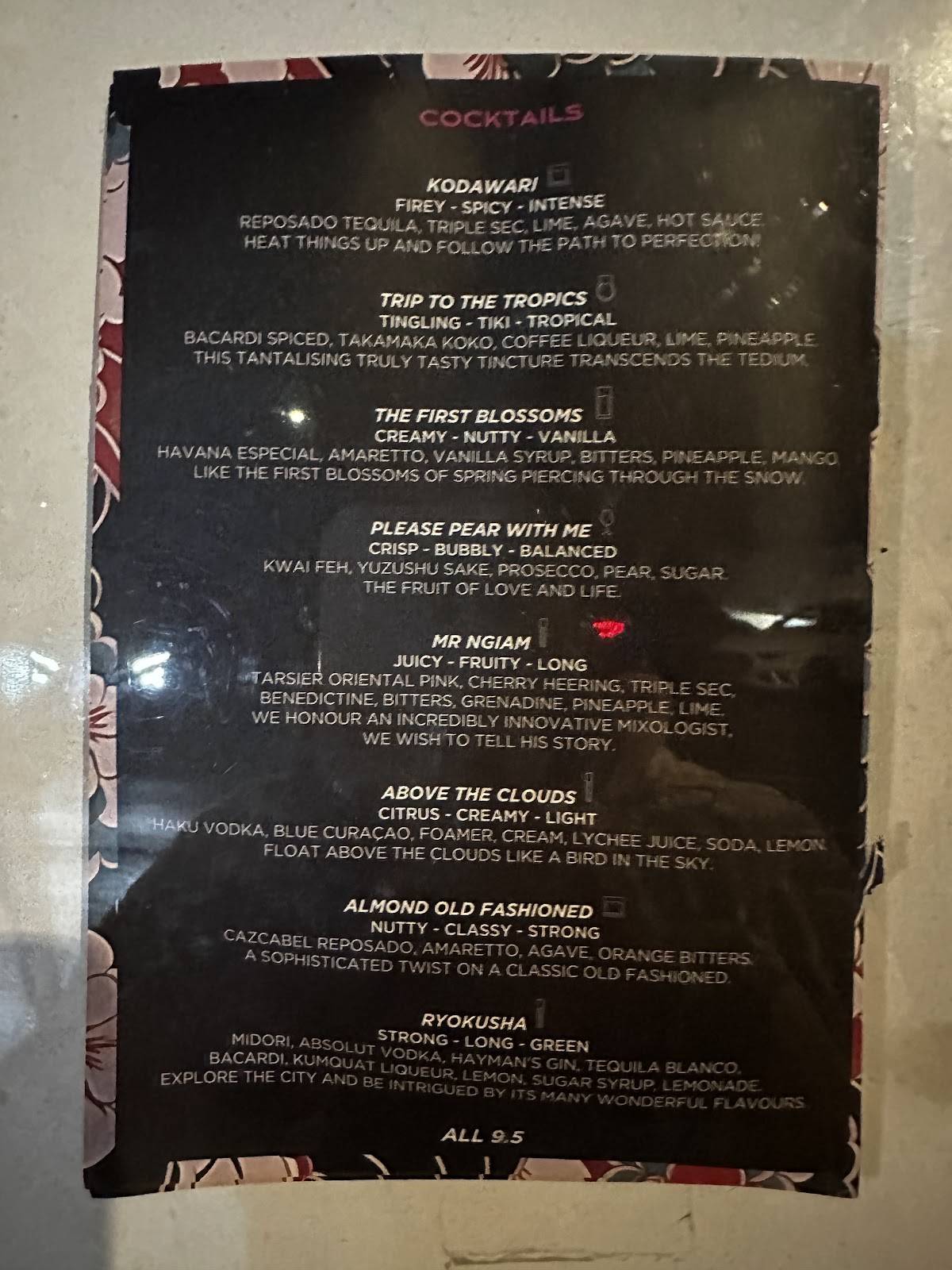 Menu at Tayu Pan Asian restaurant, Gateshead