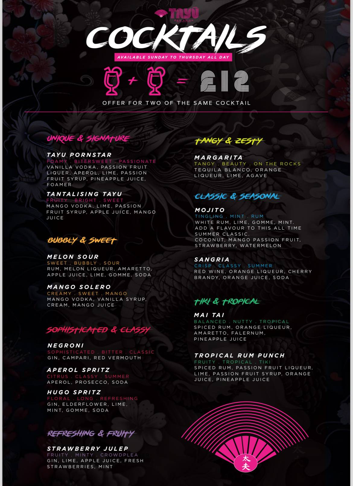Menu at Tayu Pan Asian restaurant, Gateshead