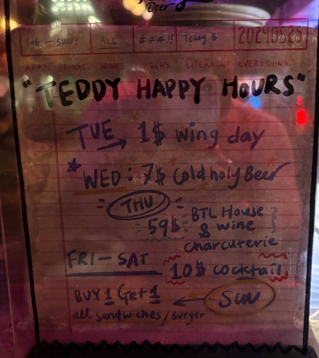 Menu at Teddy Beer restaurant, Toronto