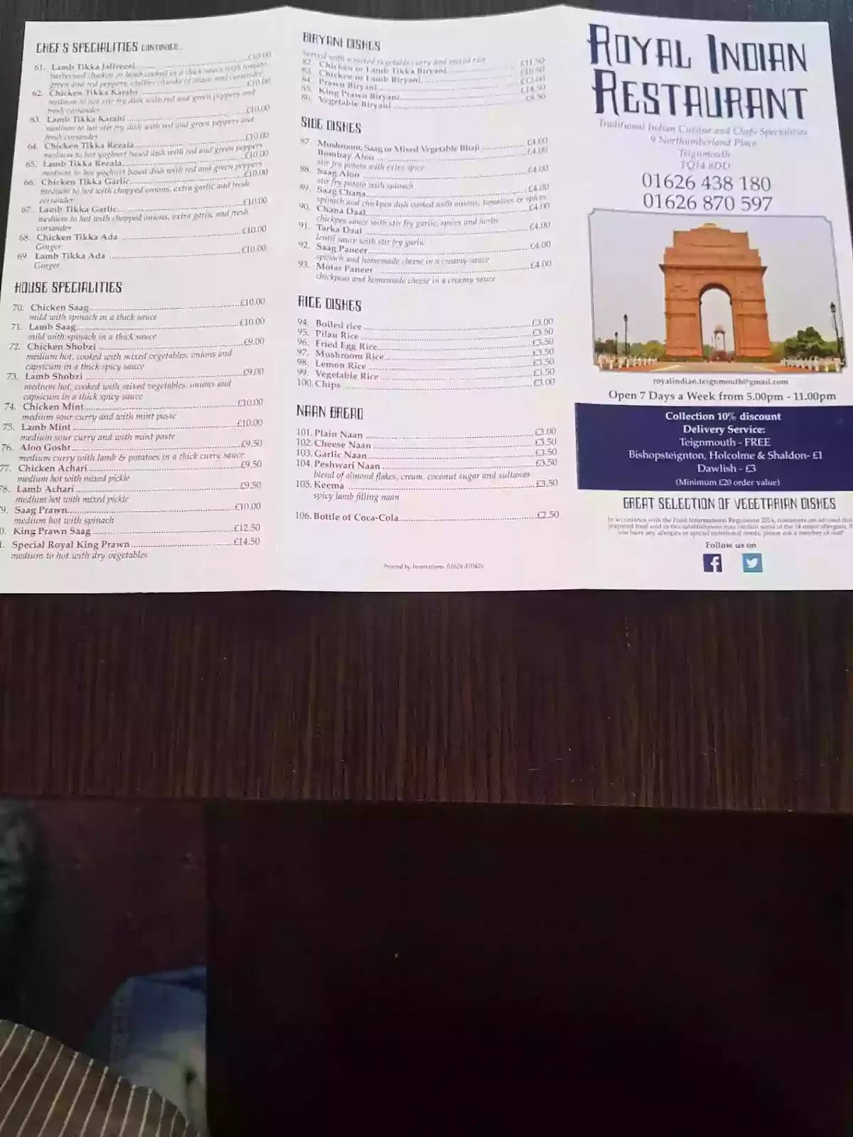 Menu at Royal Indian restaurant, Teignmouth
