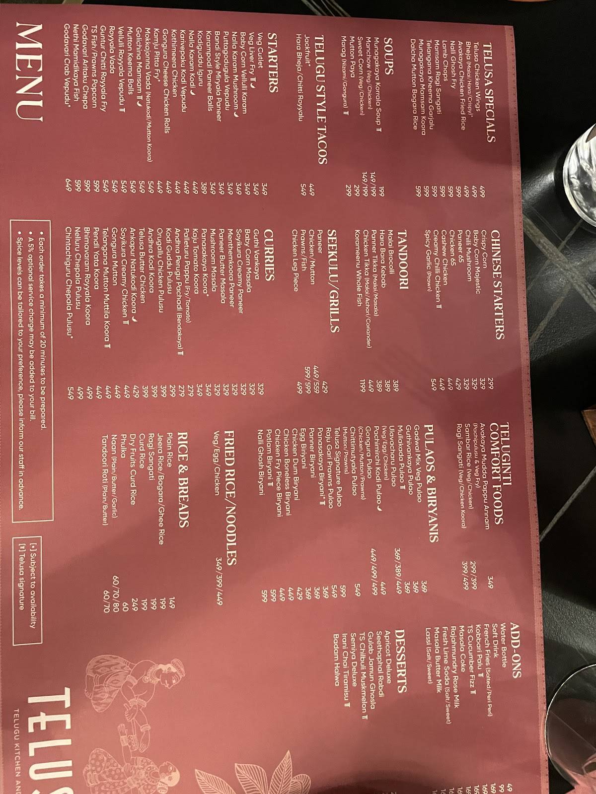 Menu at Telusa Telugu Kitchen and Bar, Hyderabad