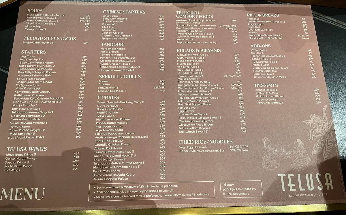 Menu at Telusa Telugu Kitchen and Bar, Hyderabad