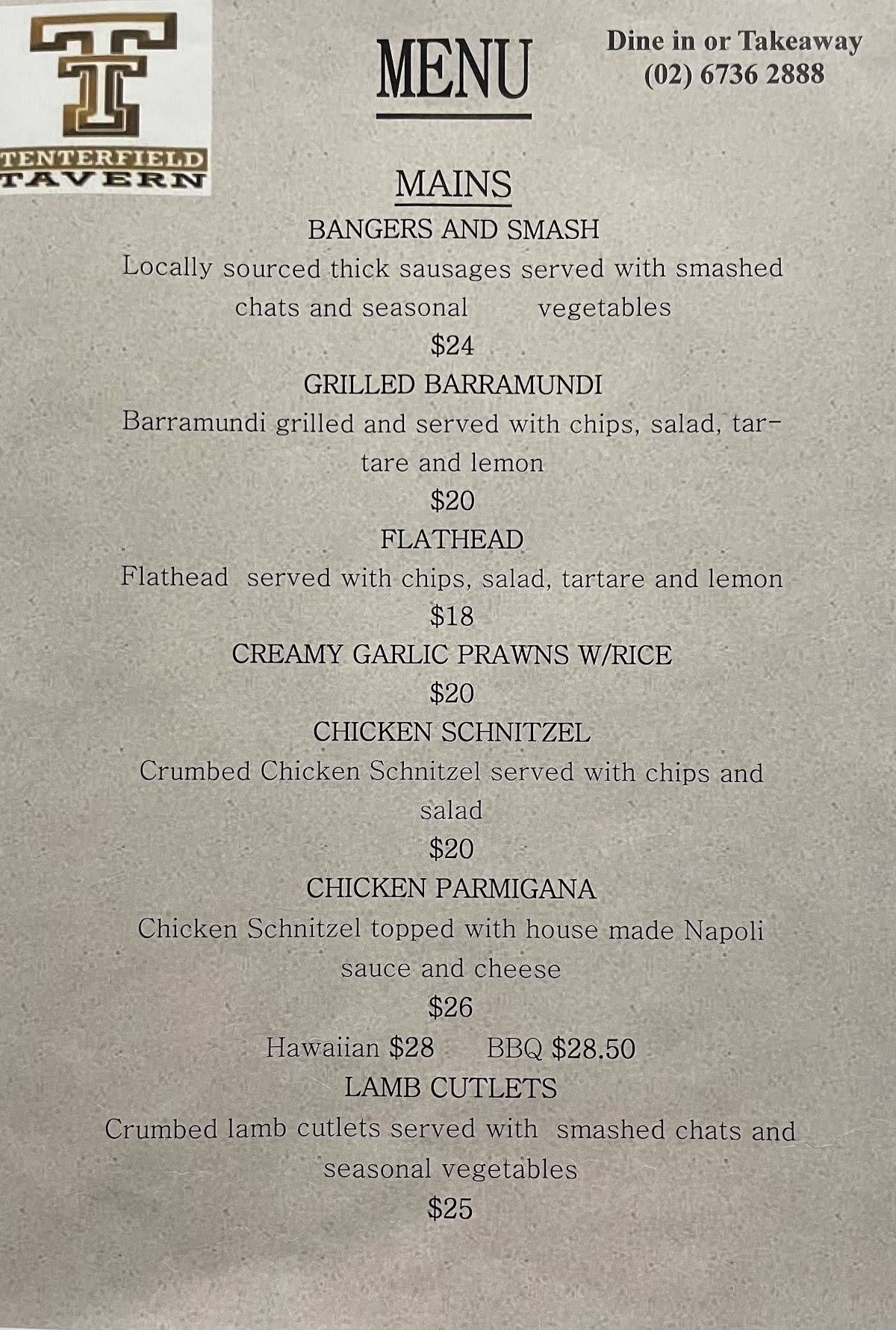 Menu at Tenterfield Tavern & Motor Inn restaurant, Tenterfield
