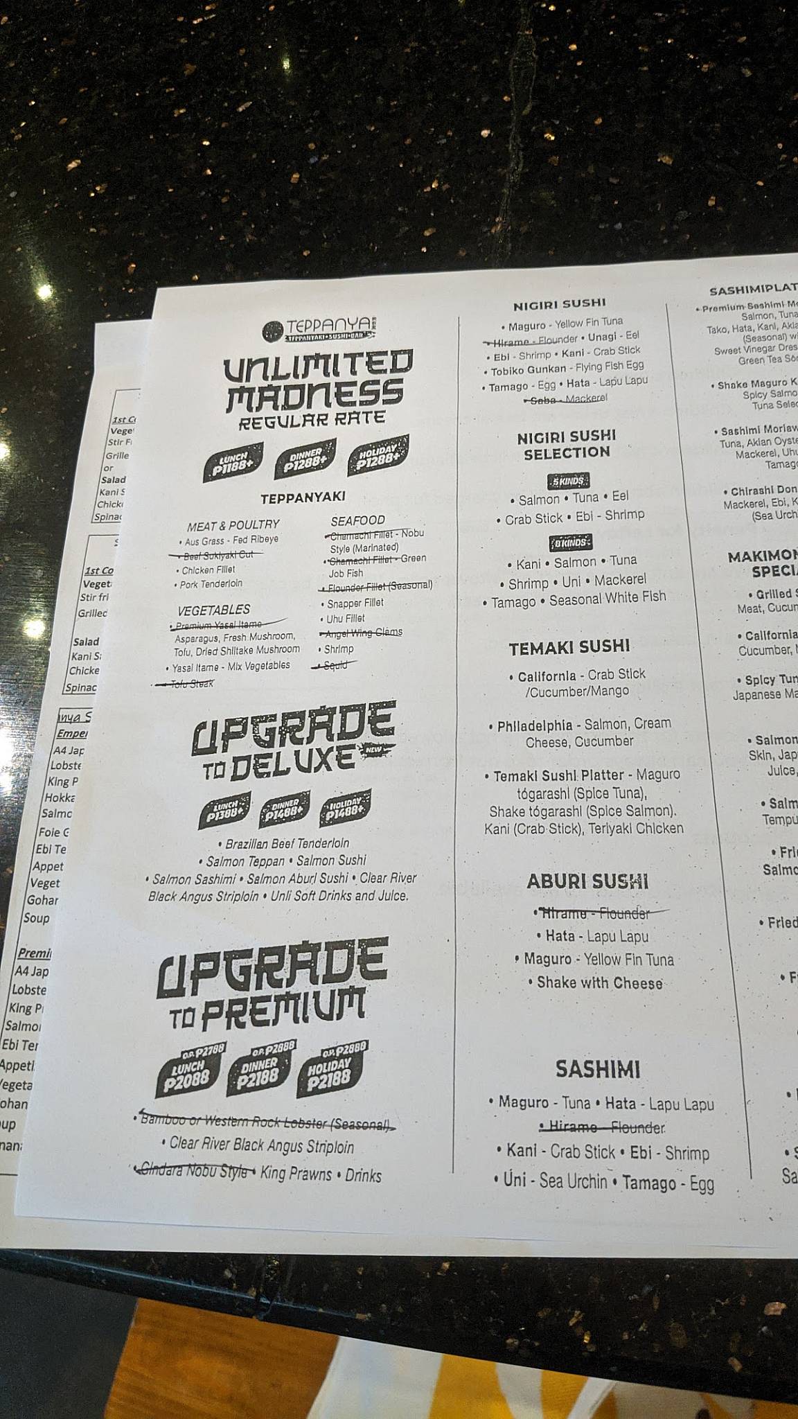 Menu at Teppanya restaurant, Quezon City