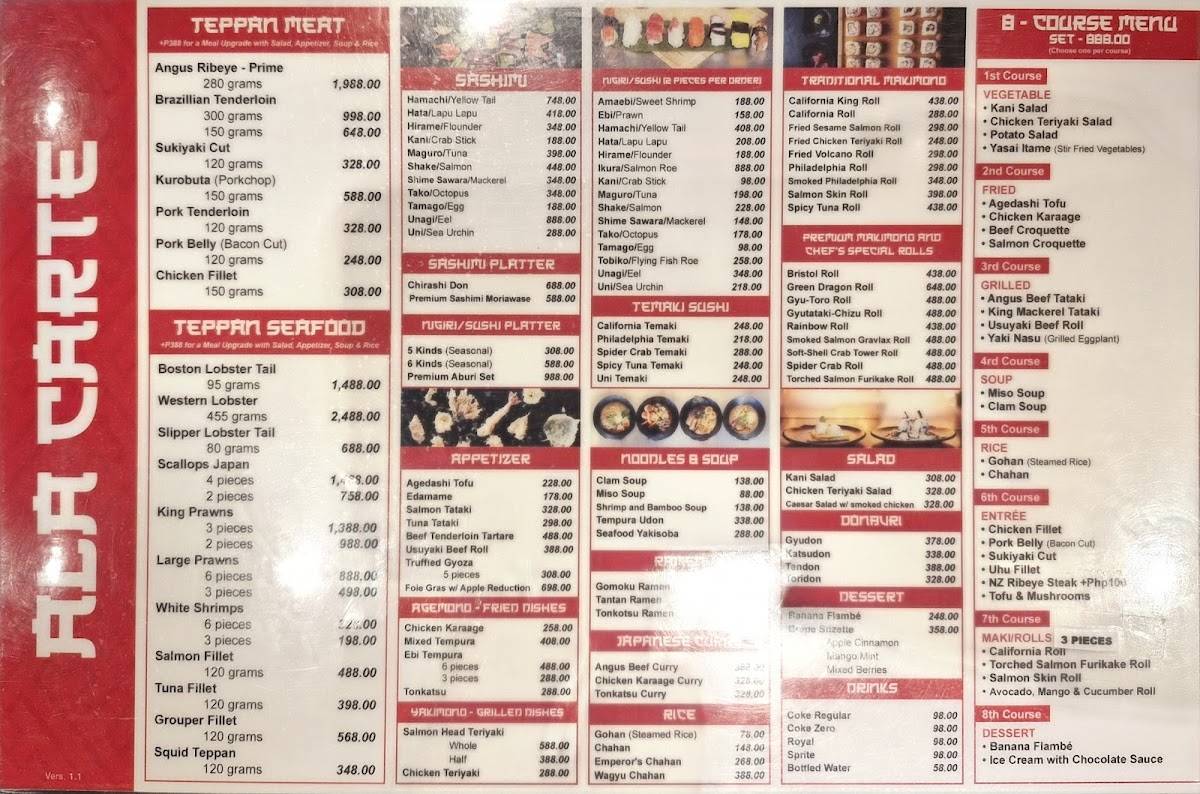 Menu at Teppanya restaurant, Quezon City