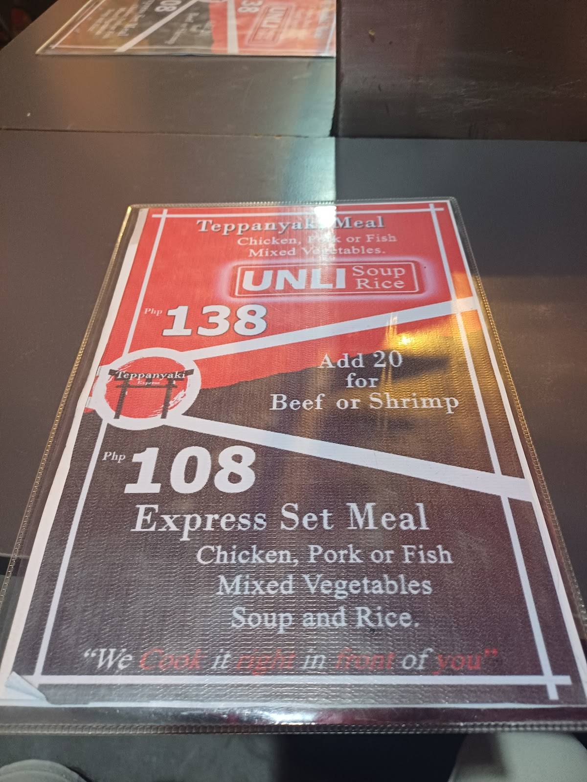 Menu at Teppanyaki Express restaurant, Dumaguete