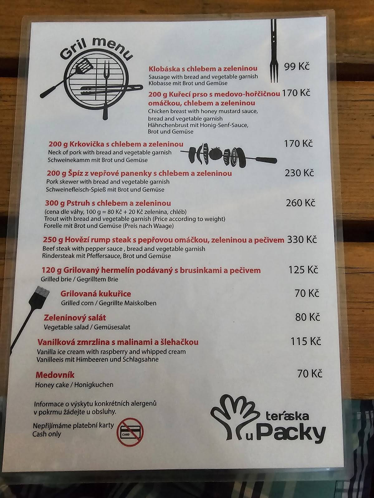 Carta del pub y bar Teráska u Packy, Humpolec