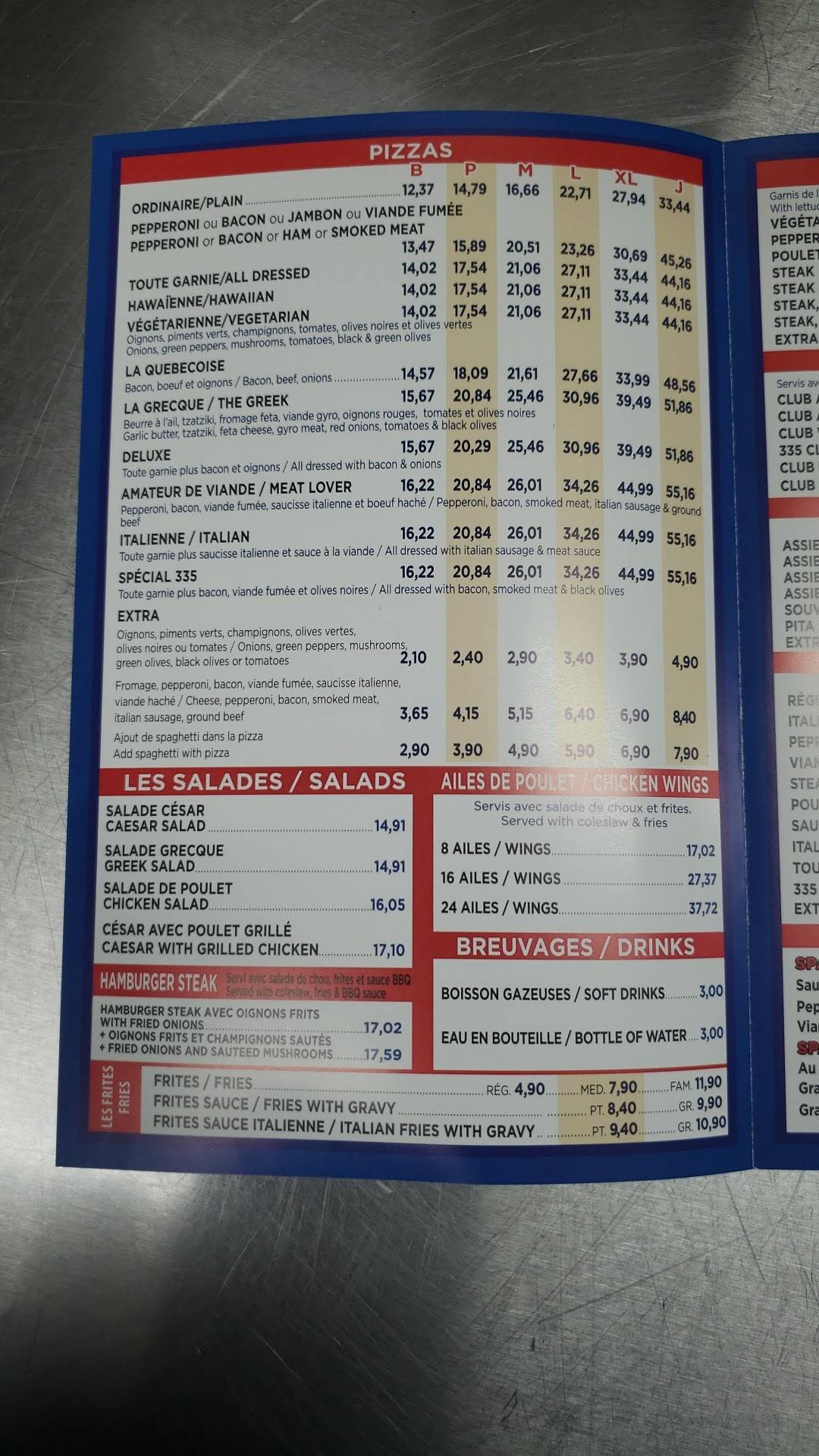 Menu au Pizzeria 335, Terrebonne, Rang Saint-François