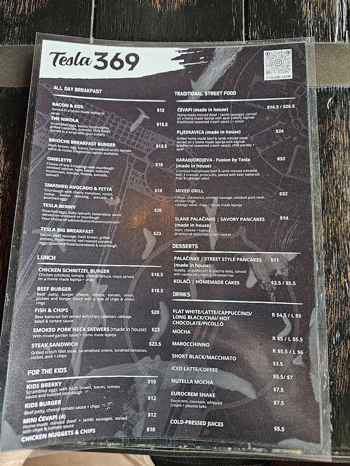 Menu at Tesla 369 restaurant, Mount Pritchard