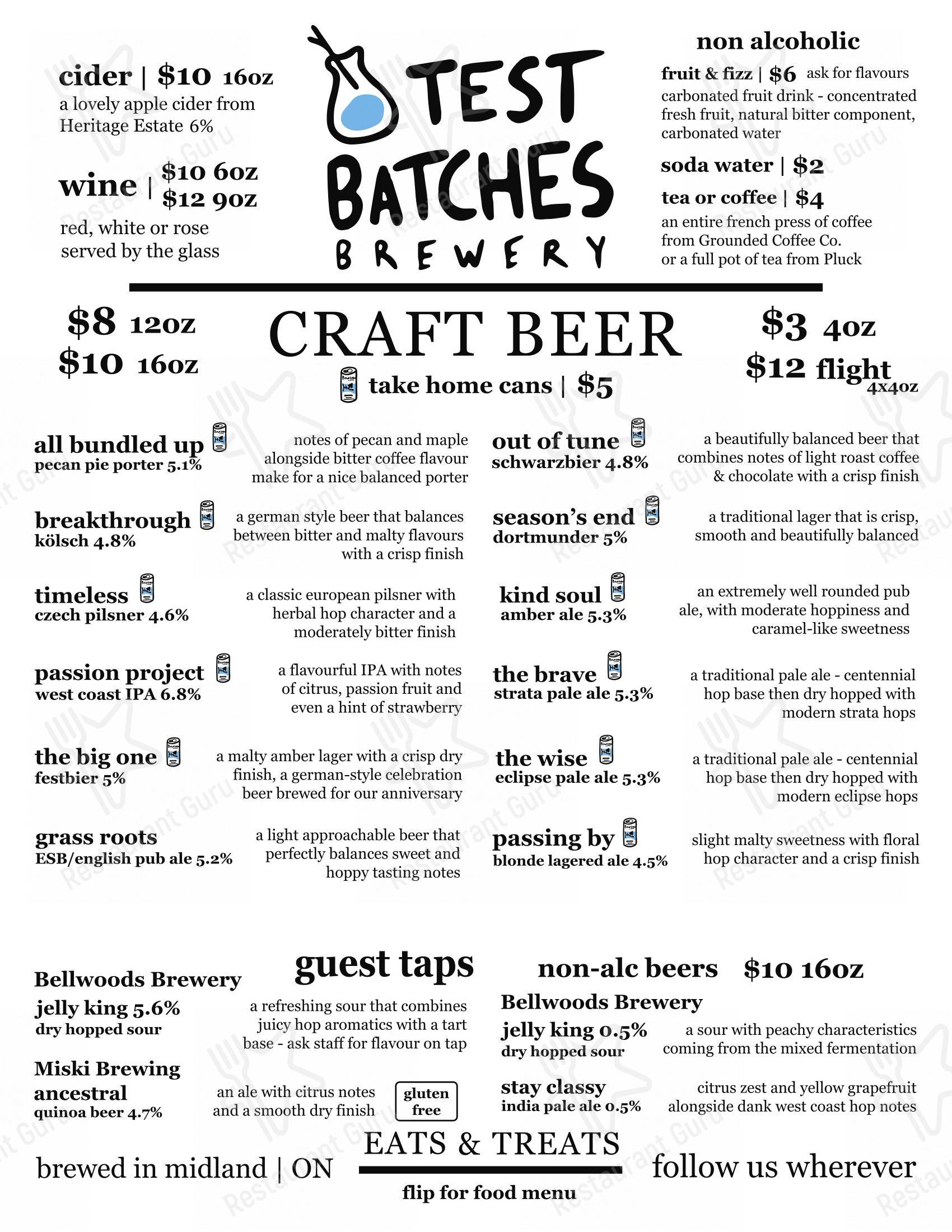 Menu at Test Batches Brewery, Midland