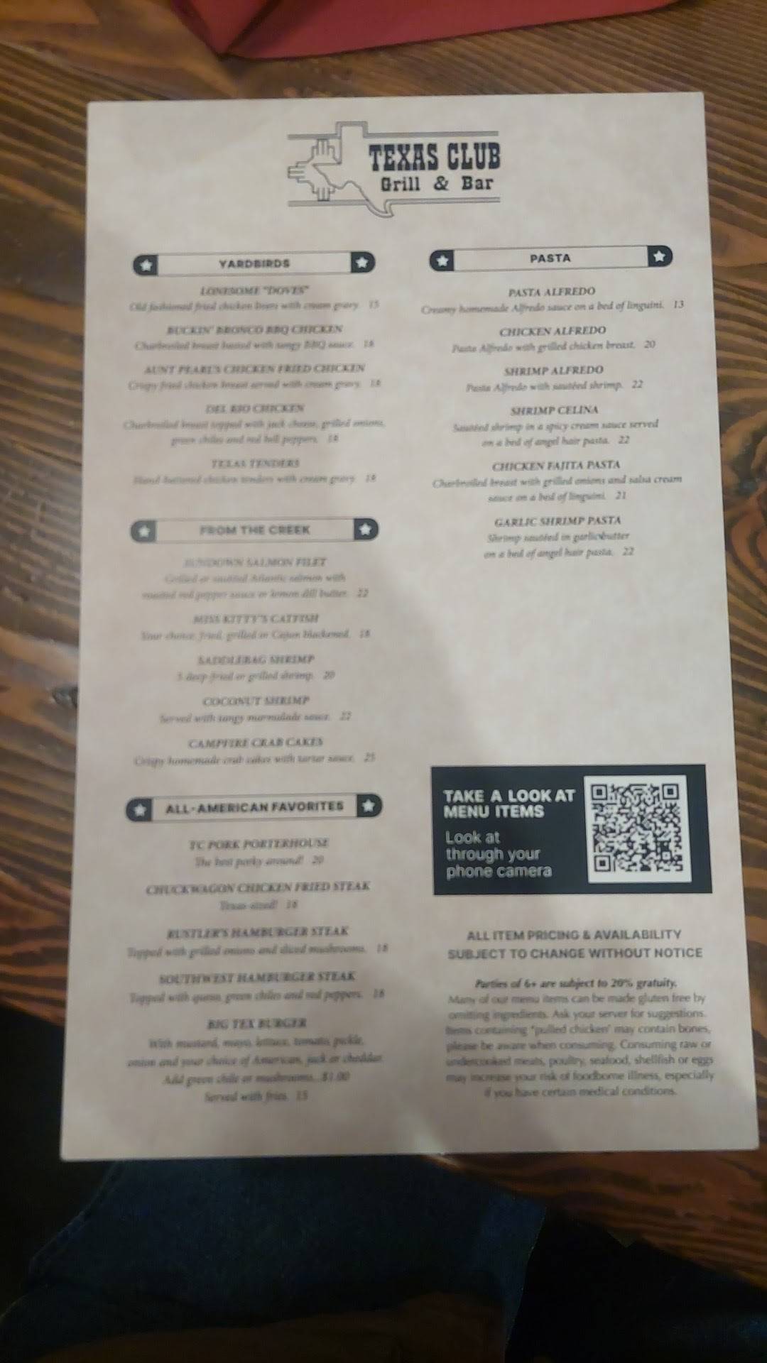 Menu at Texas Club, Ruidoso