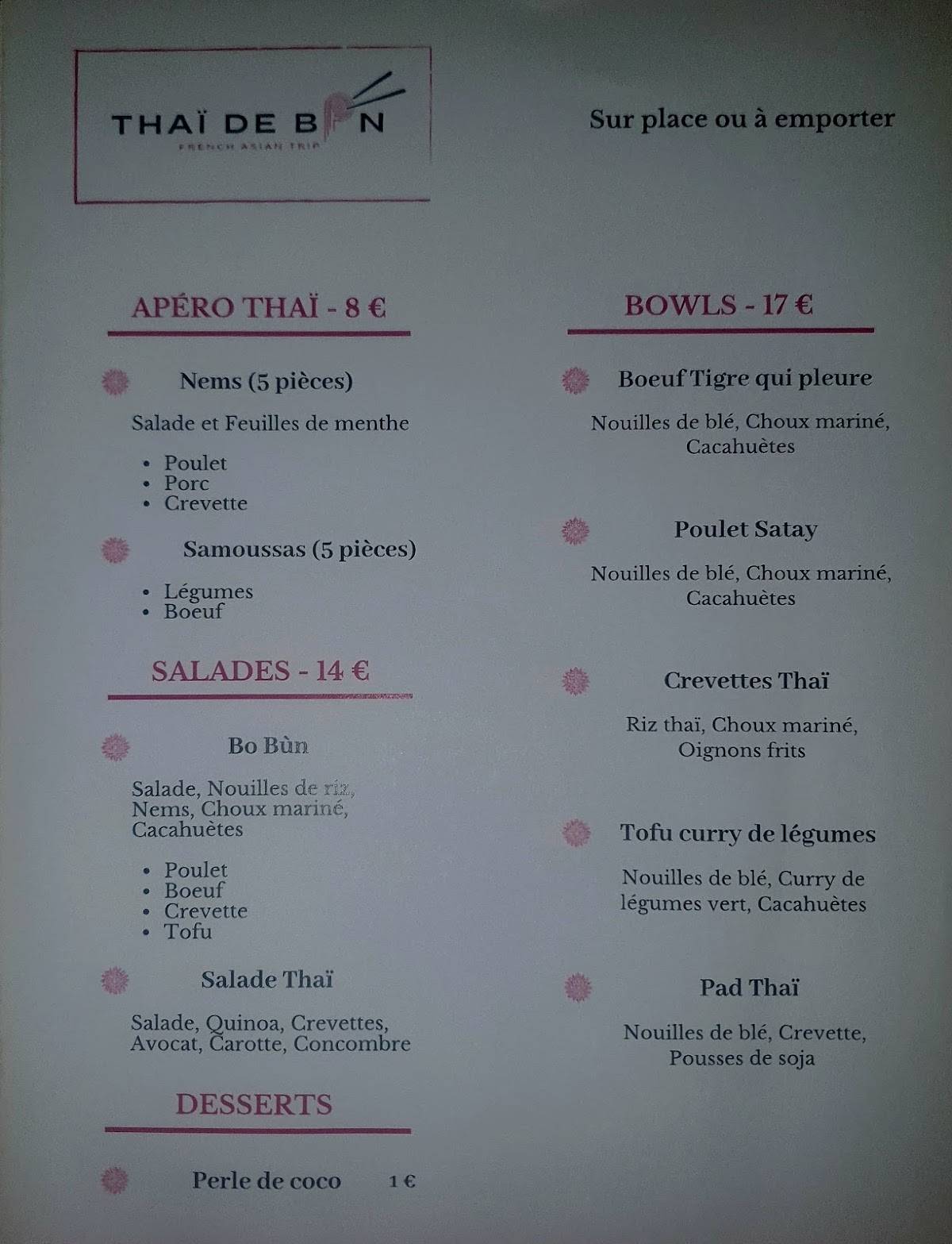 Menu au Thaï De Bon restaurant, Perpignan