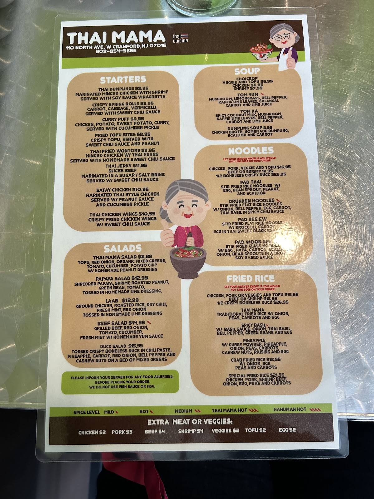 Menu at Thai Mama restaurant, Cranford, 110 N Ave W