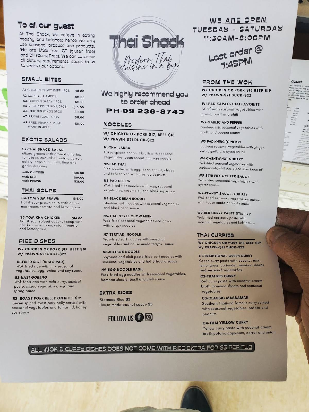 Menu at Thai Shack restaurant, Tuakau