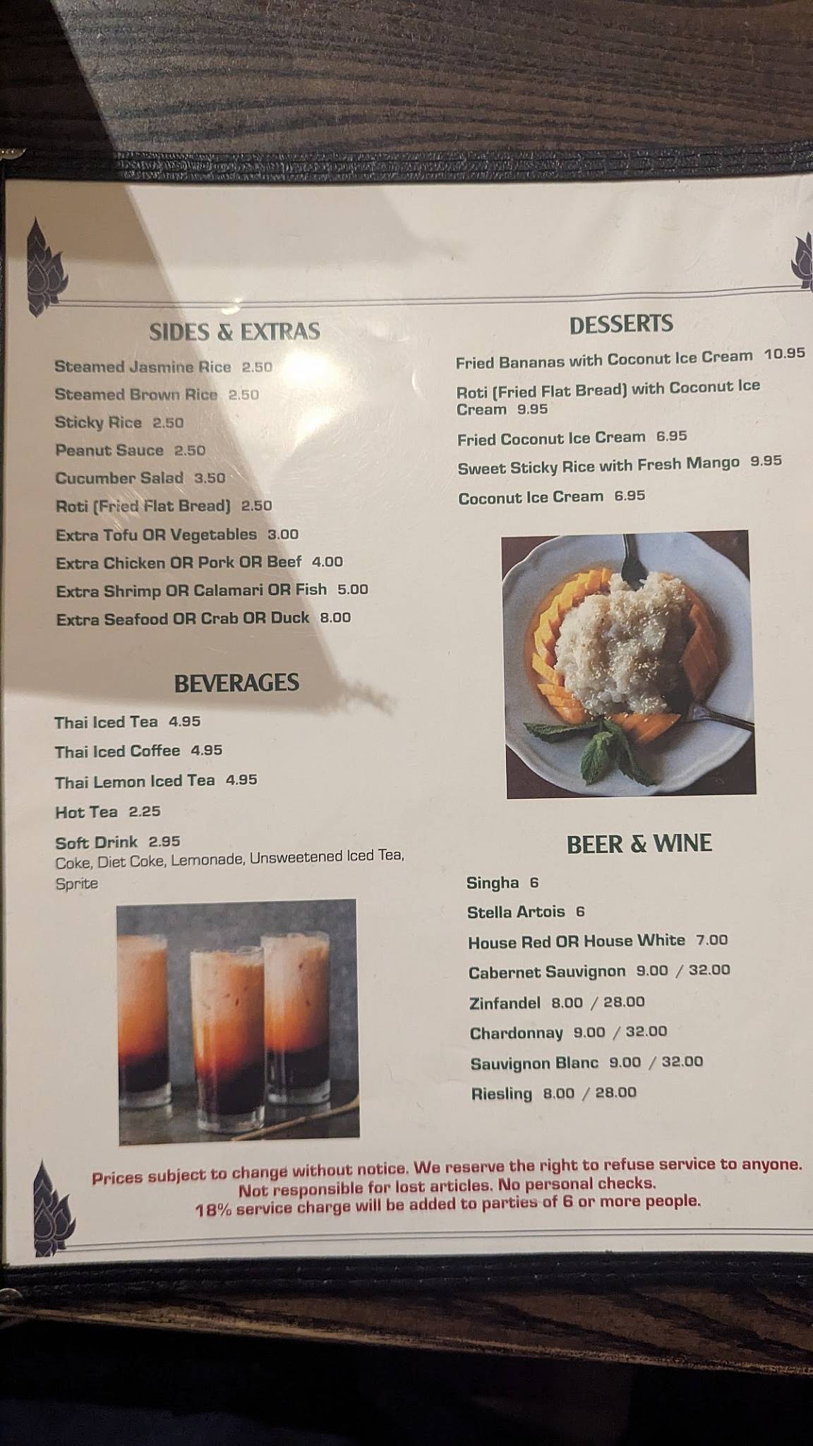 Carta del restaurante Thai Spoon, Sacramento