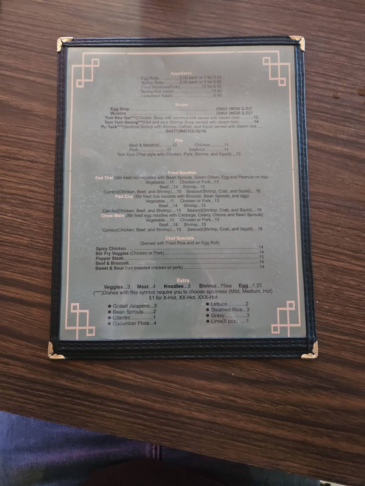 Menu at Thai Star restaurant, Amarillo