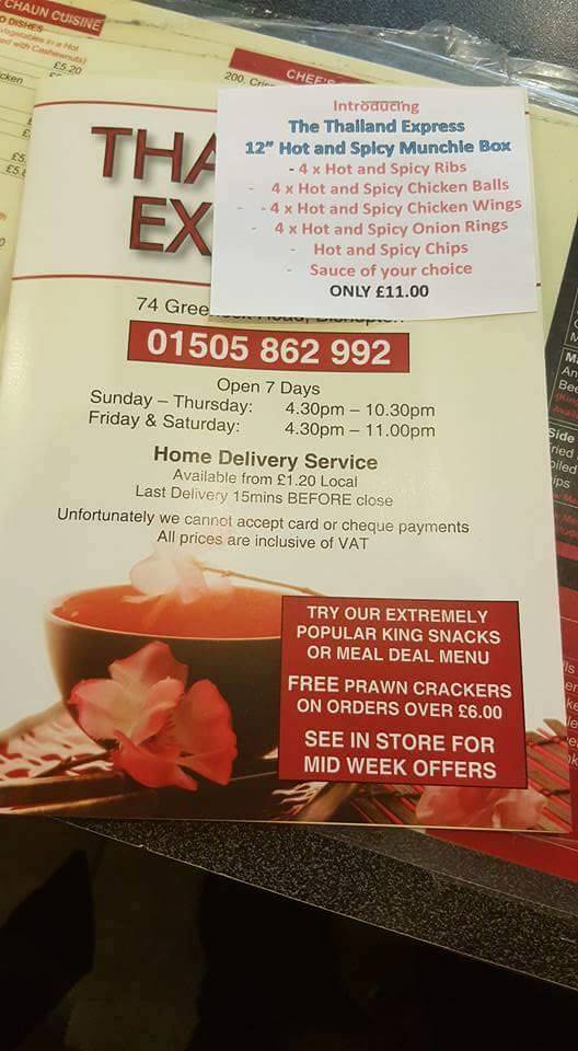 Menu at Thailand Express fast food, Bishopton