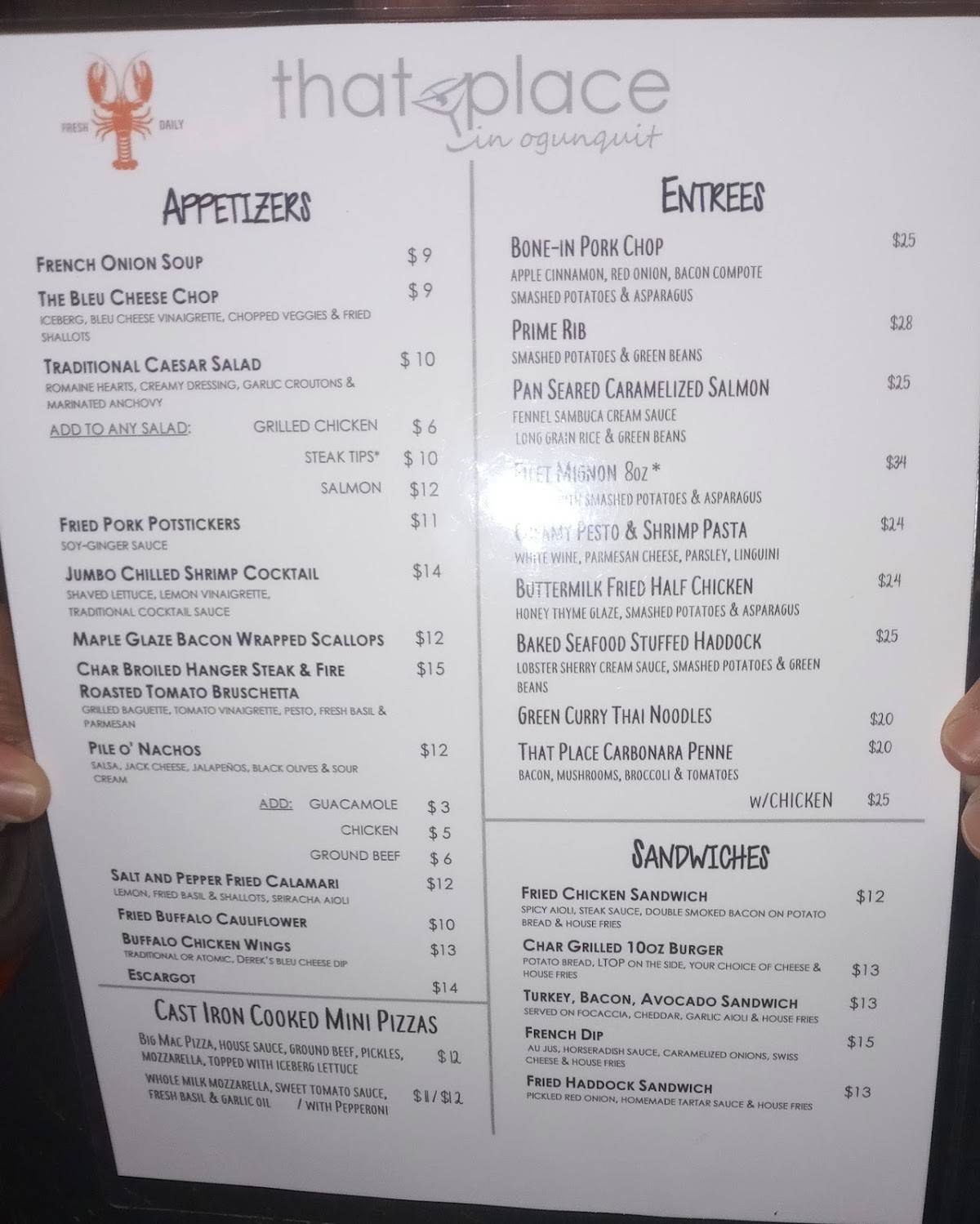 Menu at That Place in Ogunquit pub & bar, Ogunquit
