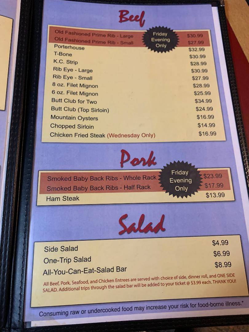 Menu at Big Ed's Steak House steakhouse, Thayer, 611 N Galveston St
