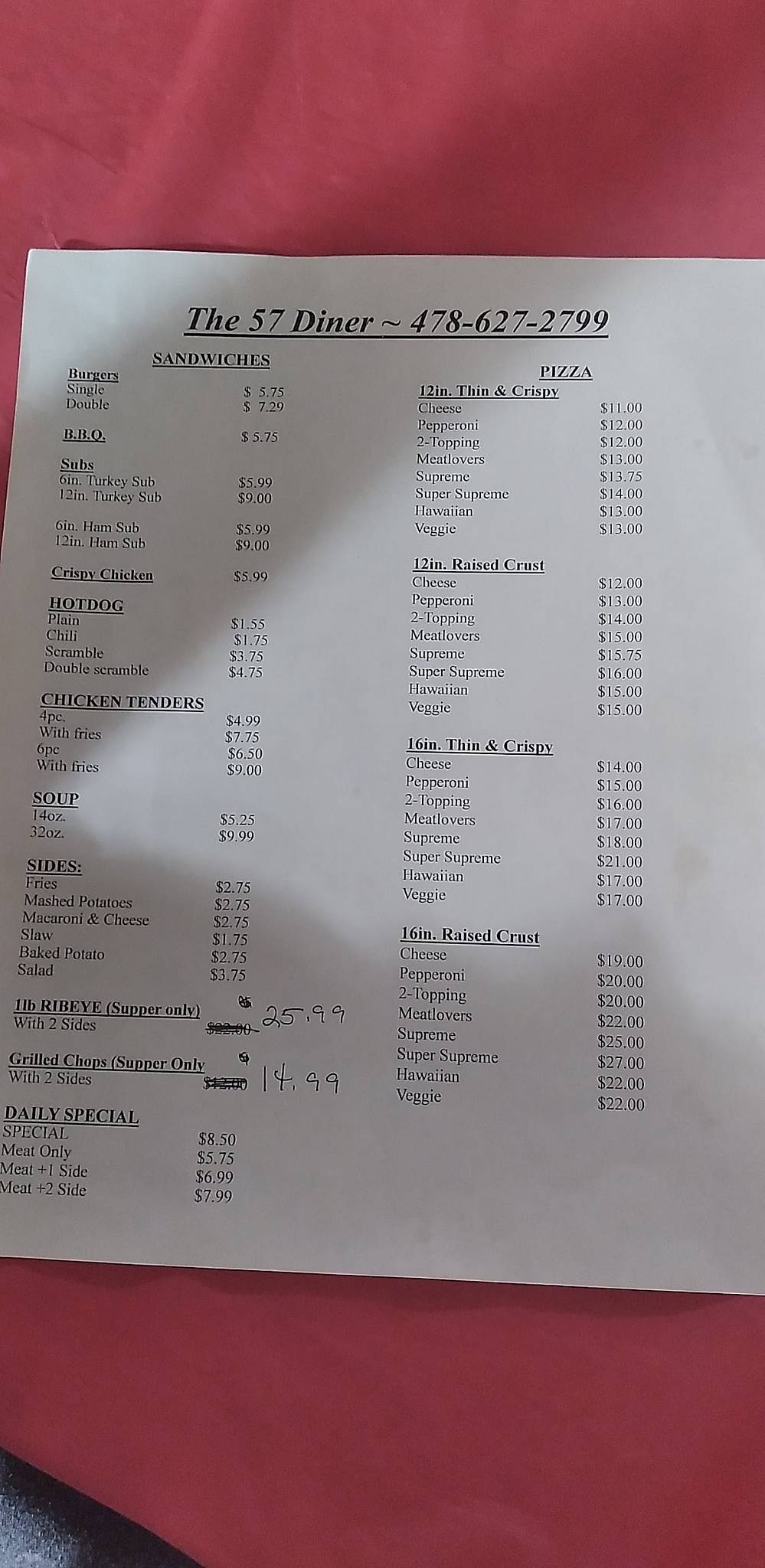 Menu at The 57 Diner restaurant, Unadilla
